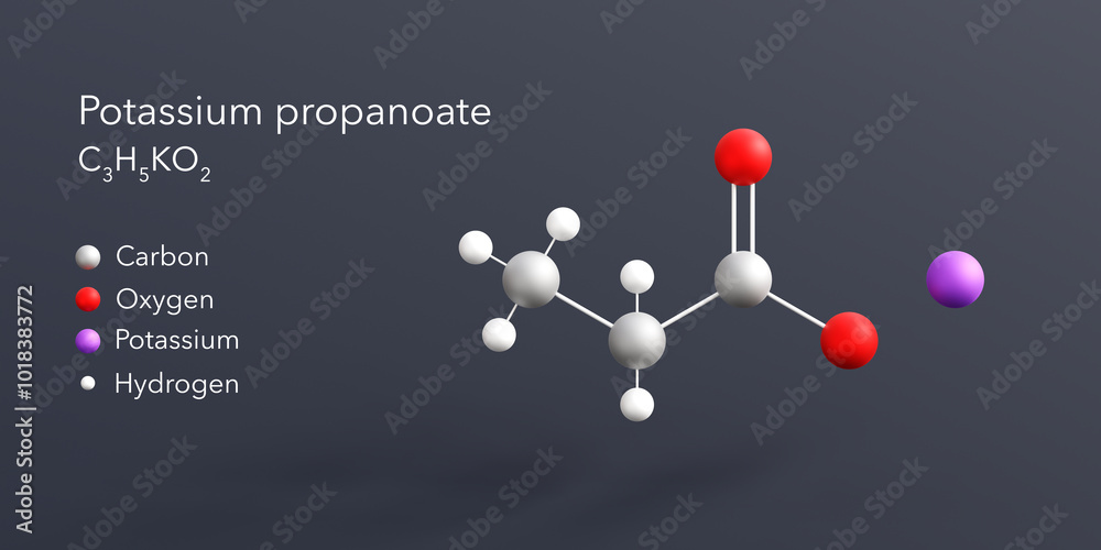 potassium propanoate molecule 3d rendering, flat molecular structure ...
