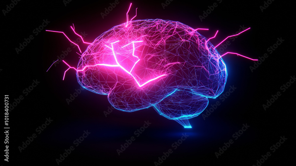 A glowing, futuristic brain made of triangles and lines, with lightning ...