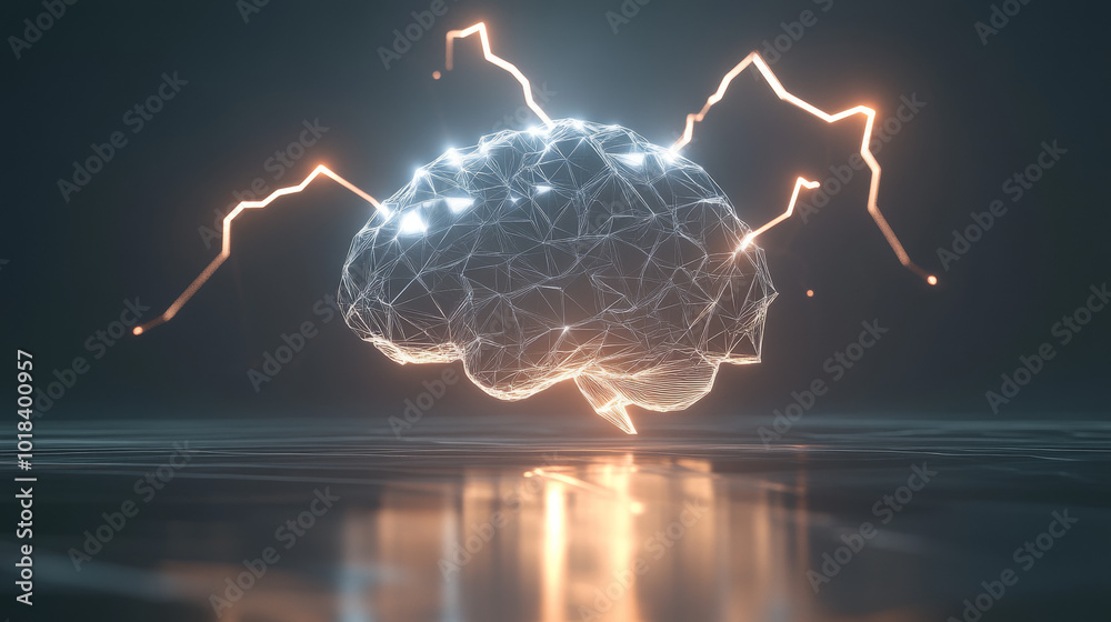 A glowing, futuristic brain made of triangles and lines, with lightning ...