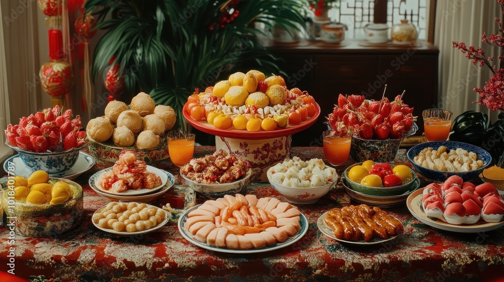 A traditional Chinese table setting for a celebration, featuring a ...