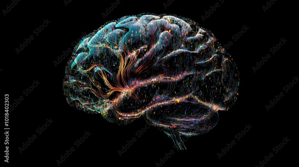3D Illustration of Human Brain Anatomy made of glittering pixels and ...