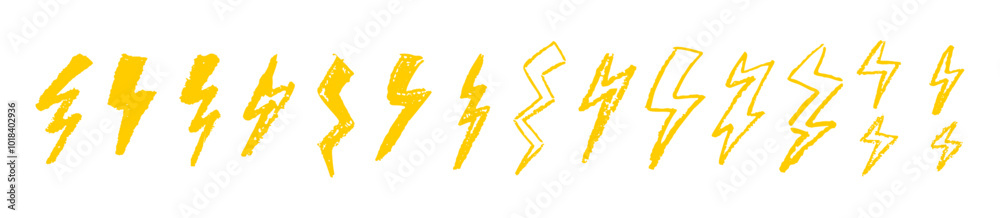 Set of lightning by wax pencil drawing. Collection of handdrawing chalk ...