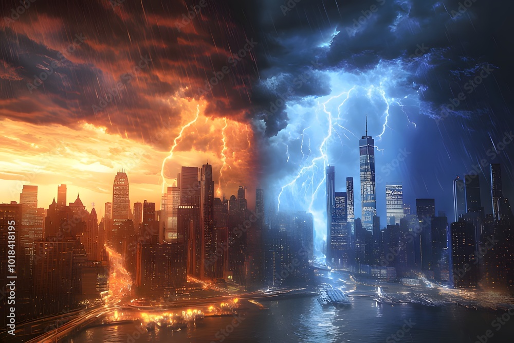 This dramatic image depicts a city skyline split by a powerful storm ...