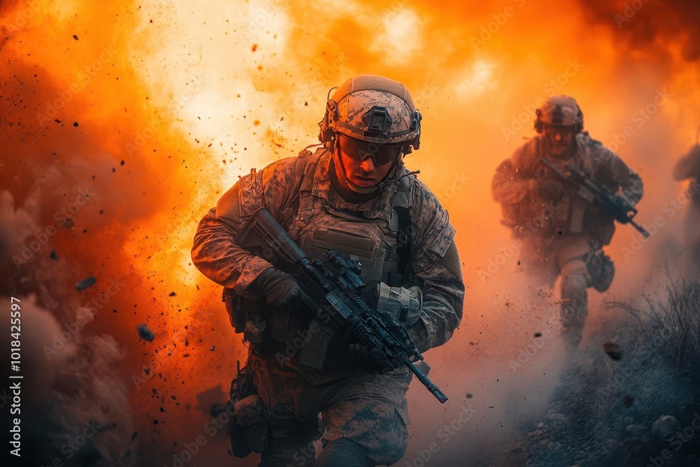 intense battle scene with soldiers in modern combat gear dramatic ...