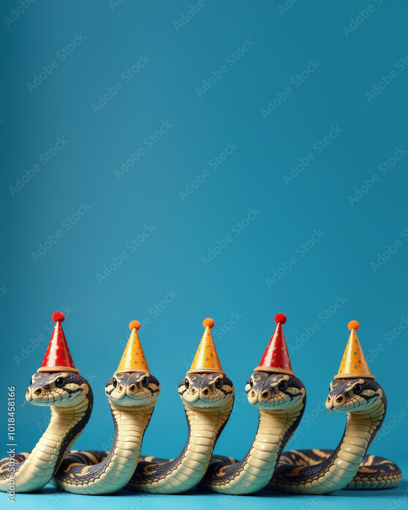 Five snakes in festive caps on a blue background. free space for text ...