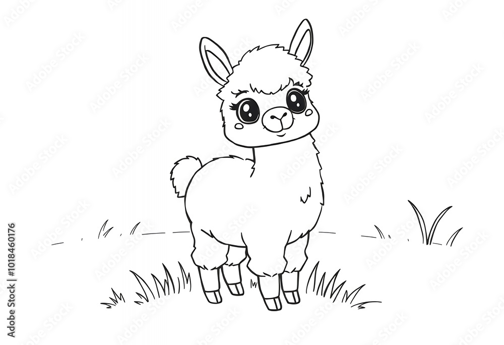 Cute Llama Cartoon Character Coloring Page Black and White Illustration ...