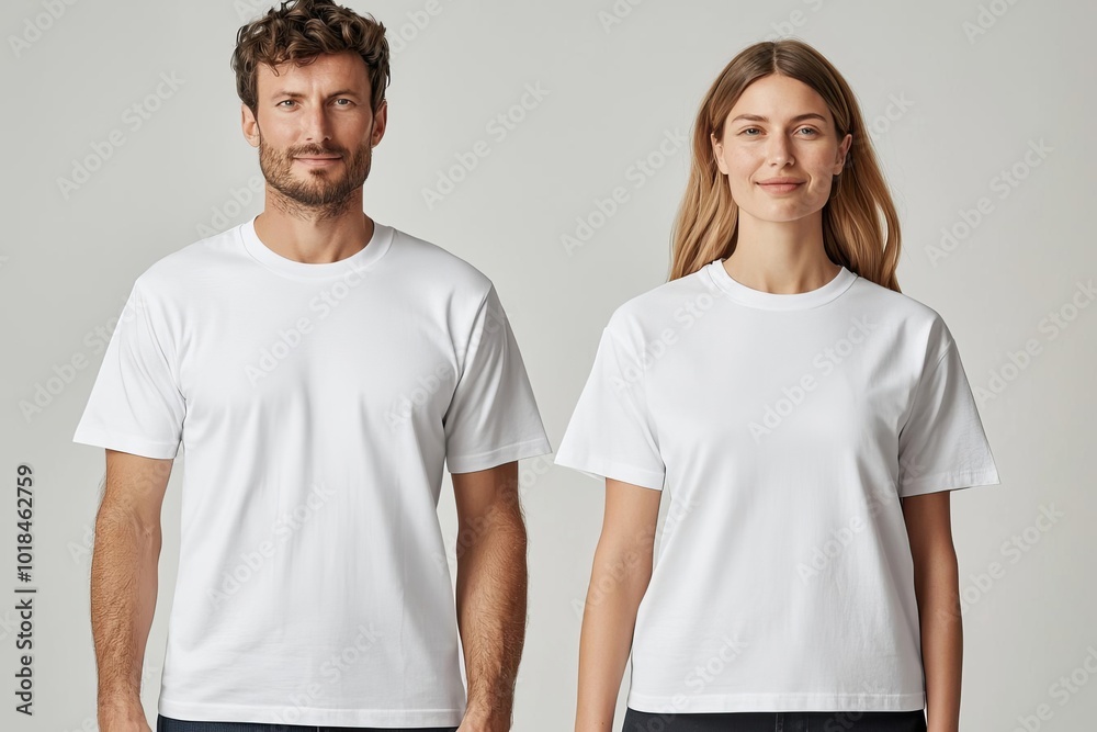 Mock-up of a man and woman in plain white t-shirts, side-by-side ...