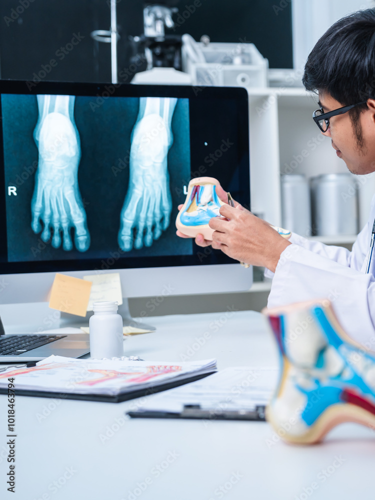 Professional Podiatrist doctor diagnose foot during medical examination ...