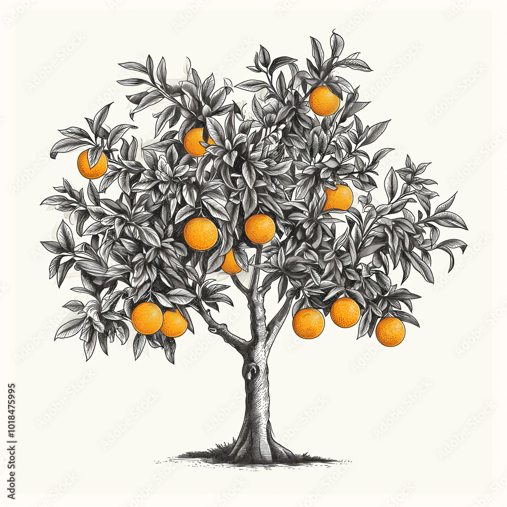 Orange Tree Woodcut Etching. A citrus tree, original illustration in a ...