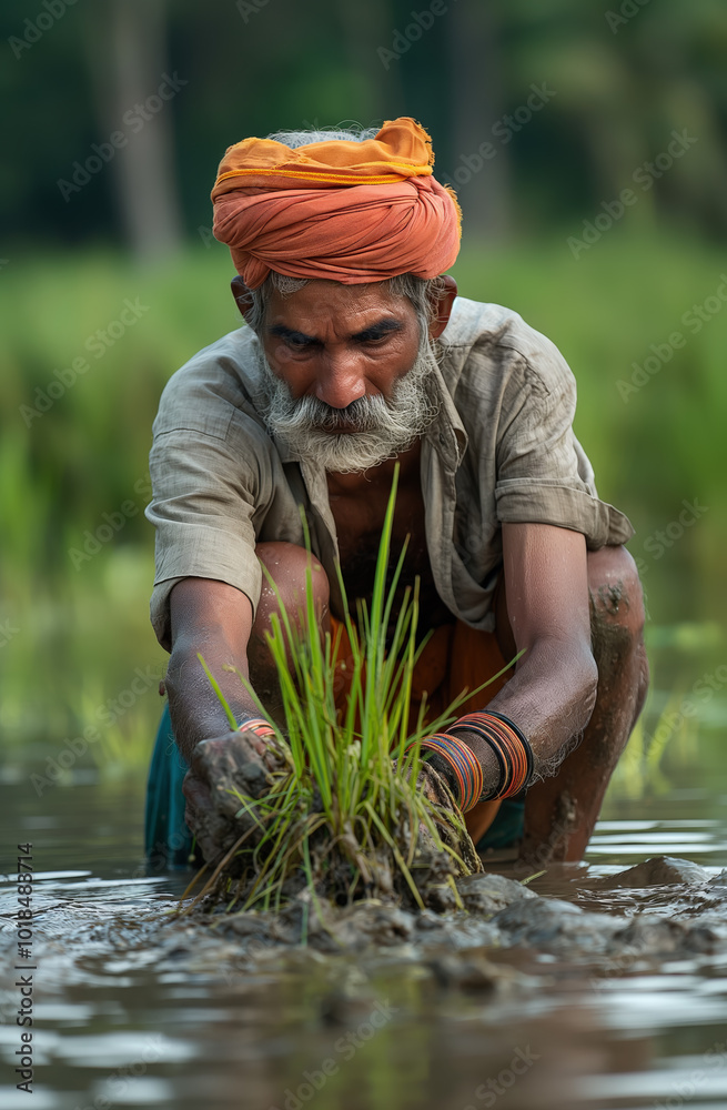 Indian Farmer Planting Rice Seedlings in Water, Showcasing Traditional ...