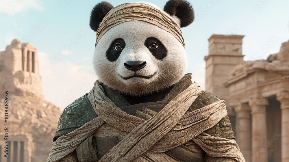 A panda in bandages stands proudly in a historical setting, showcasing ...