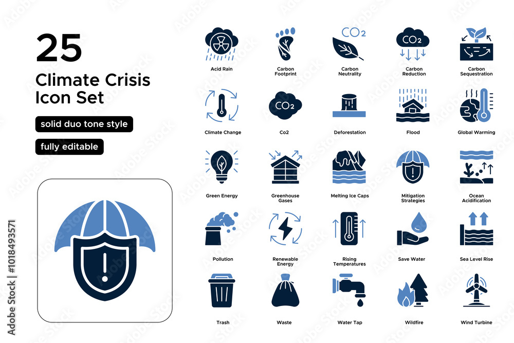 Climate Crisis Solid Duo Tone Icon Set: Environmental Degradation ...