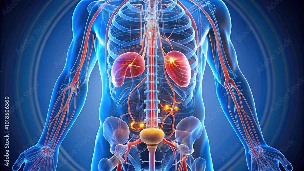 An anatomical illustration illustrates the urinary tract system ...