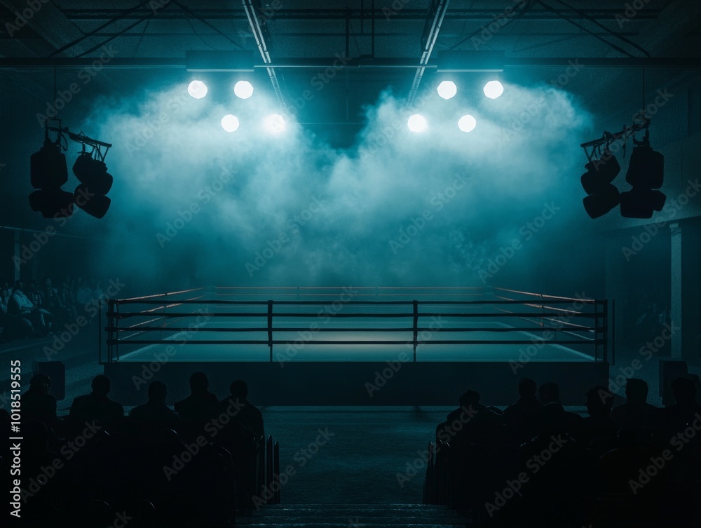 Bright overhead spotlights highlight a boxing ring in a dim venue ...