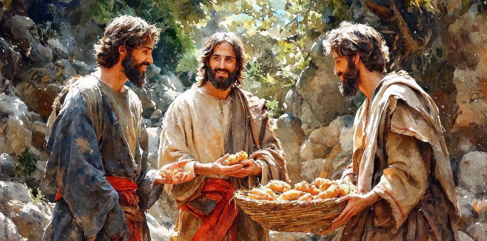 Artistic depiction of Jesus Christ distributing bread to his disciples ...