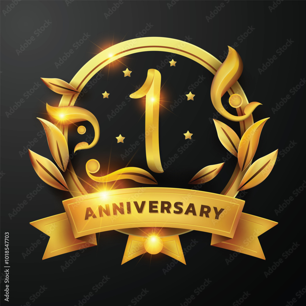 1st Anniversary design a golden ribbon and golden leaf Decorated around ...