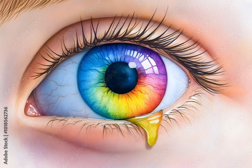 Watercolor, a rainbow-colored eye with a tear running down the side of ...