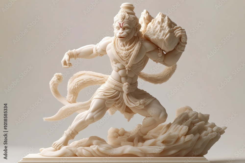 A dynamic 3D printed sculpture of Lord Hanuman in mid-leap, carrying a ...