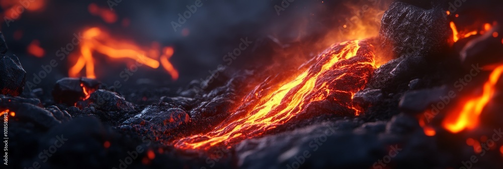 Molten fire flows through volcanic rock, creating a mesmerizing display ...