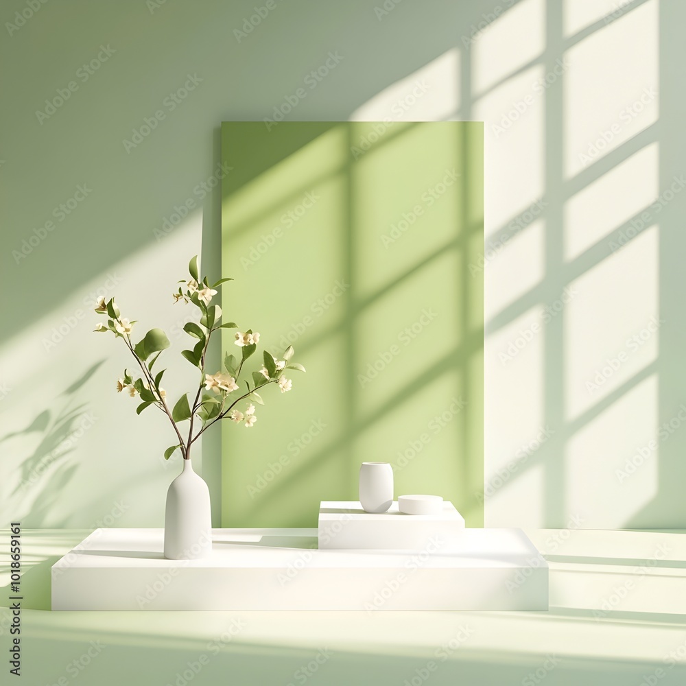 Bright and modern 3D studio environment with plain white floors and ...