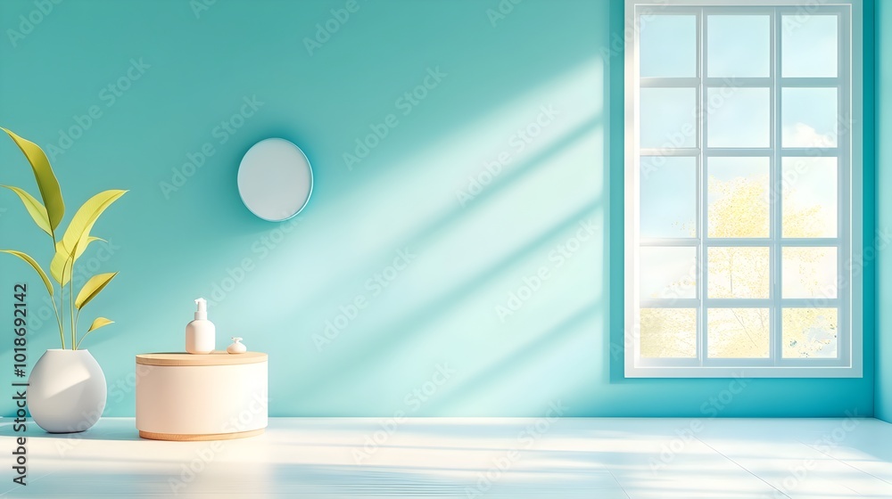 Serene 3D studio room scene with soft natural sunlight and refreshing ...
