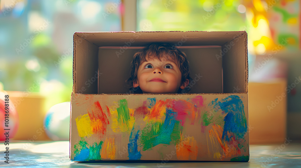 un niño feliz jugando dentro de una caja de carton pintando con sus ...