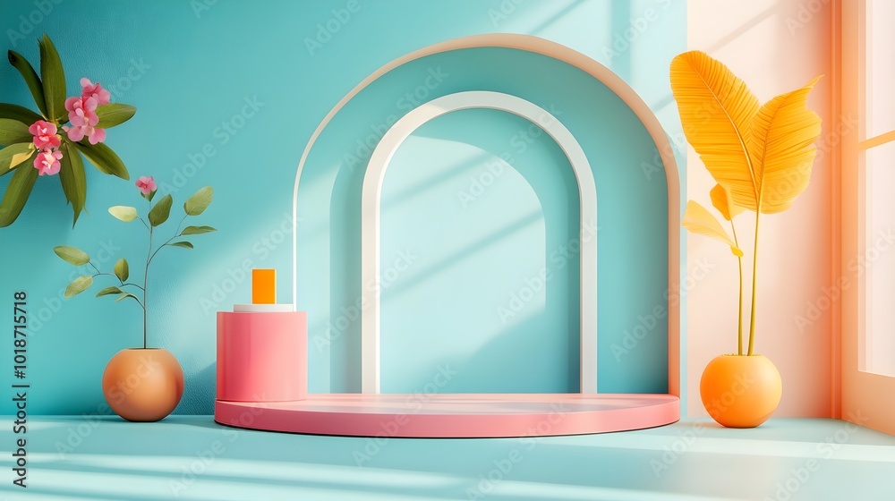 Vibrant blue 3D studio room featuring an empty floor and walls with a ...