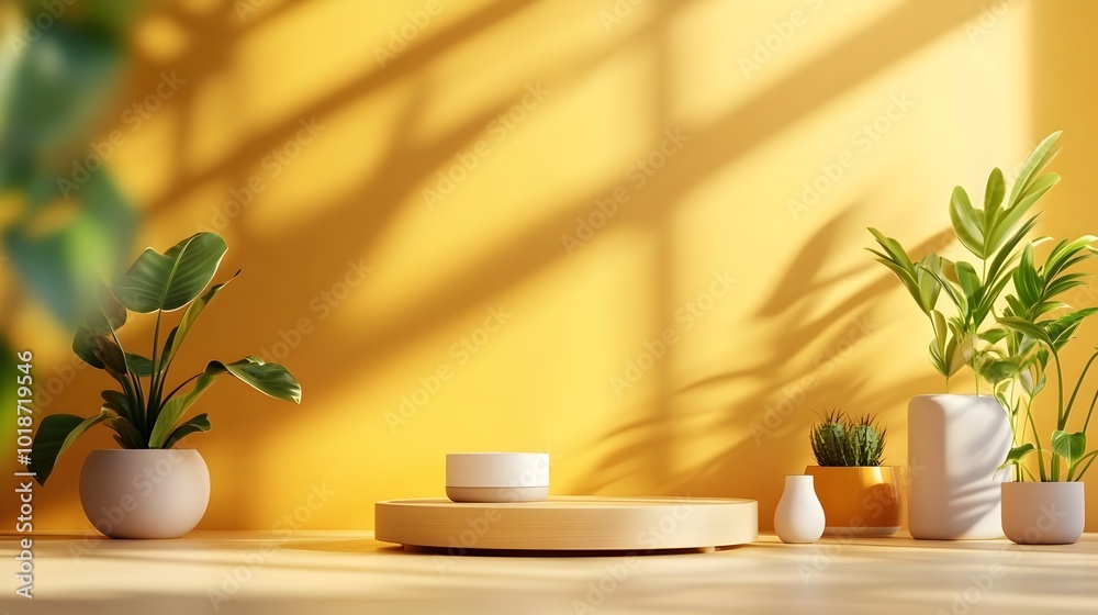 Cozy 3D studio room featuring a warm buttercup colored background an ...