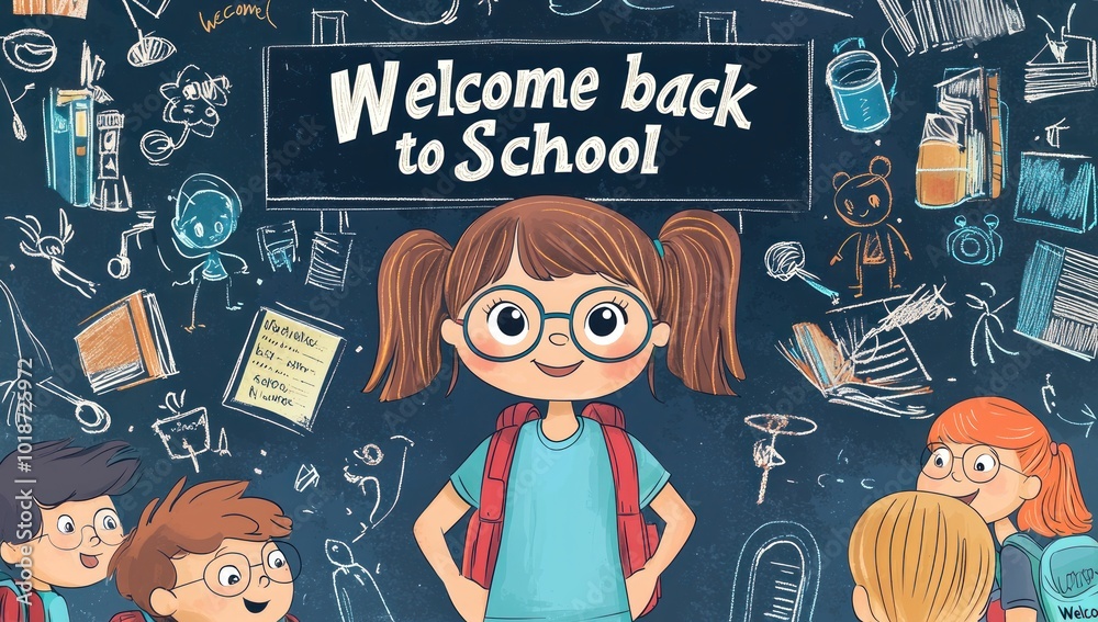 Girl with glasses and pigtails standing in front of a "Welcome Back to ...