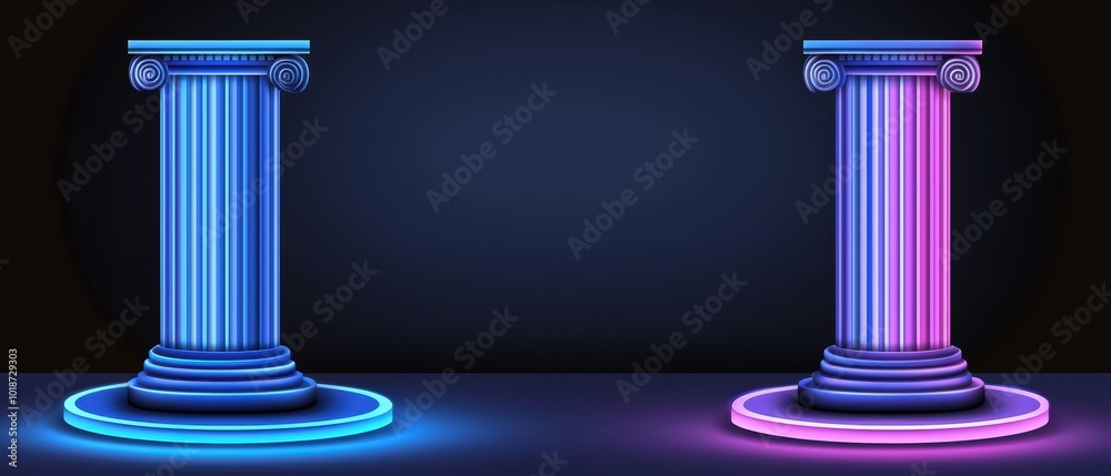Stylish columns illuminated with neon lights, standing in a dark space ...