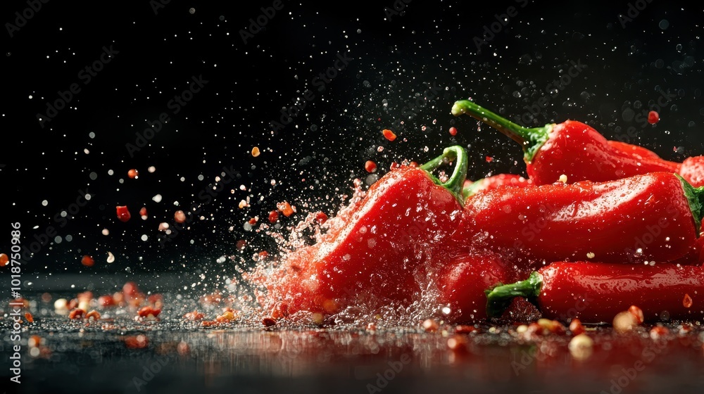 A vibrant explosion as fresh red chili peppers are captured in mid ...