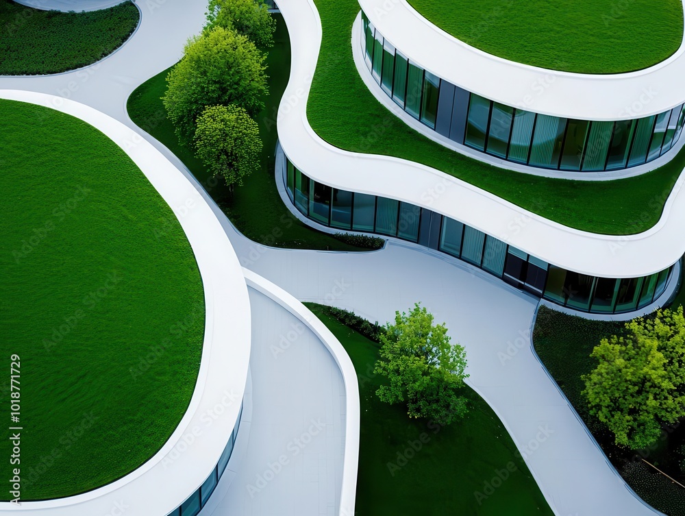 Biophilic university campus design with green rooftops, organic curves ...