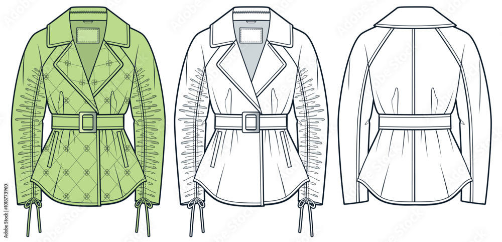 Belted Jacket technical fashion Illustration. Quilted down Jacket ...