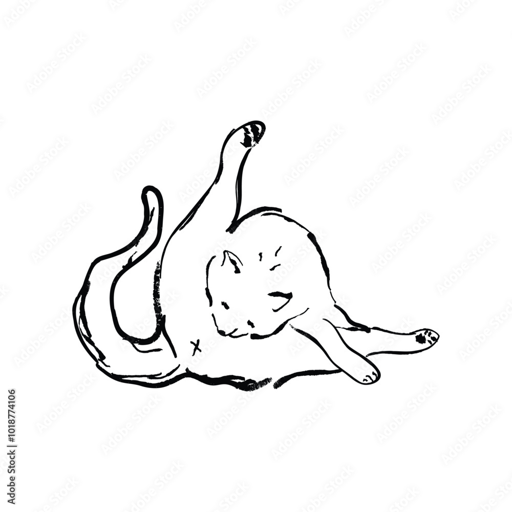 Hand drawn doodle of a cat licking itself. Vector hand made drawing ...