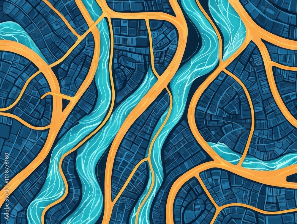 Blueprint of a flowing, river-like city layout with buildings mimicking ...