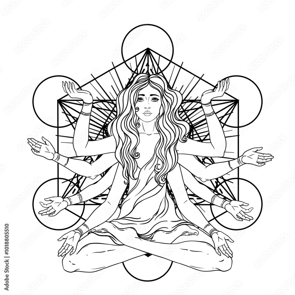 Beautiful woman with long hair and multiple hands sitting in lotus yoga ...