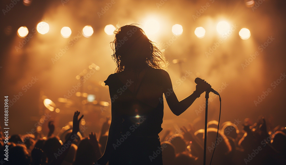 A dramatic silhouette of a female singer holding a microphone ...