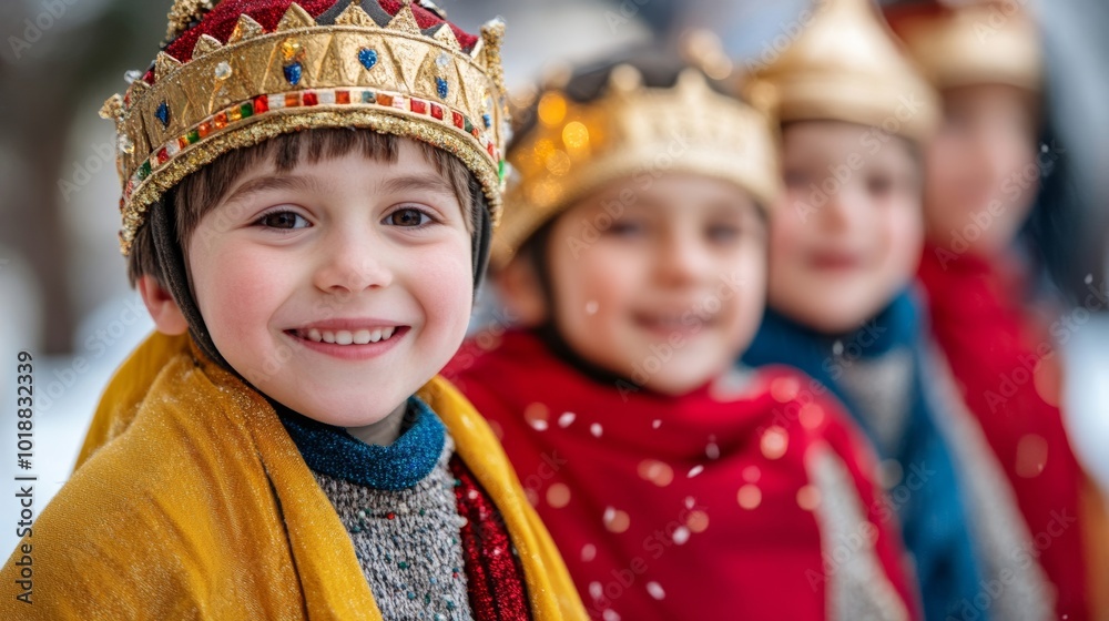 Children dressed as the Three Wise Men parading through a festive town ...