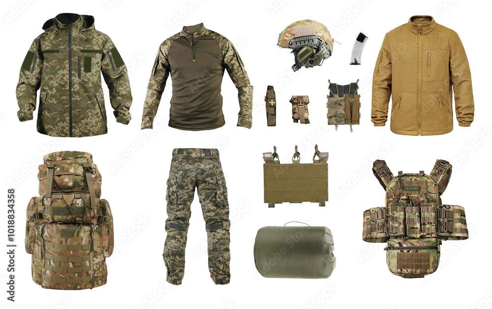 Set of military uniforms, ammunition, camouflage clothing for the ...