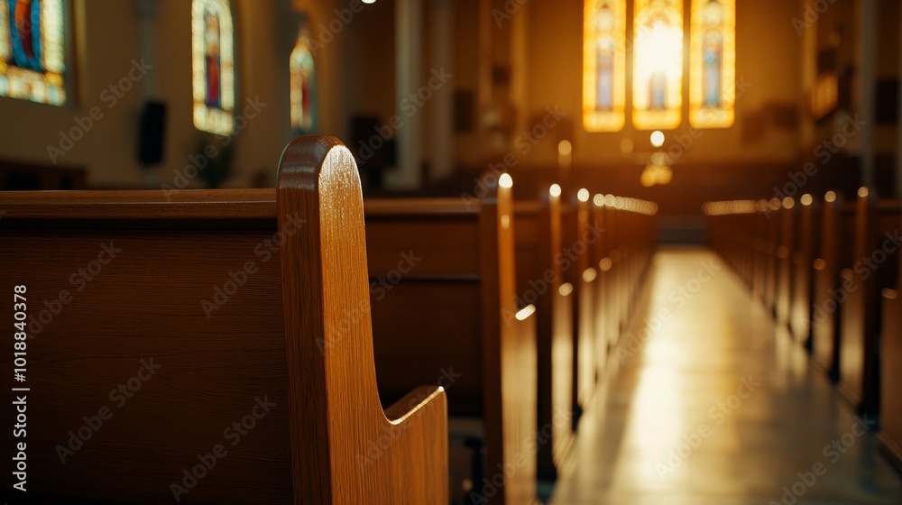 Empty church pews with sunlight streaming through stained glass, autumn ...