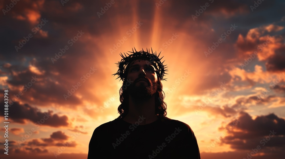 Jesus silhouette in a crown of thorns with light rays breaking through clouds symbolizing ...