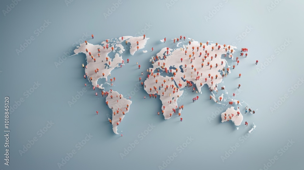 3D world map with miniature figures representing global population ...