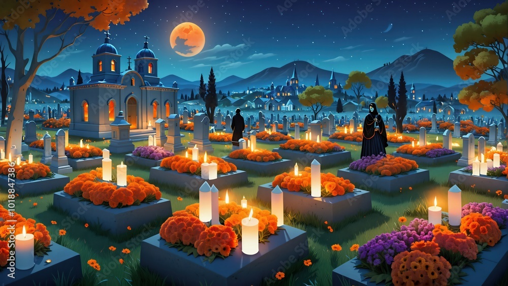 panteón o cementerio en día de muertos. Festividad, cultura. Se ...
