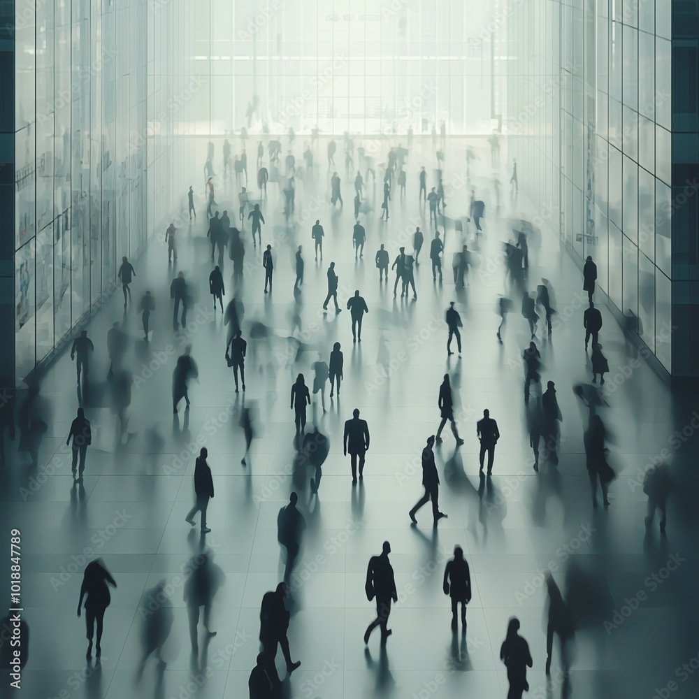 Long exposure shot of crowd of business people walking in bright office ...