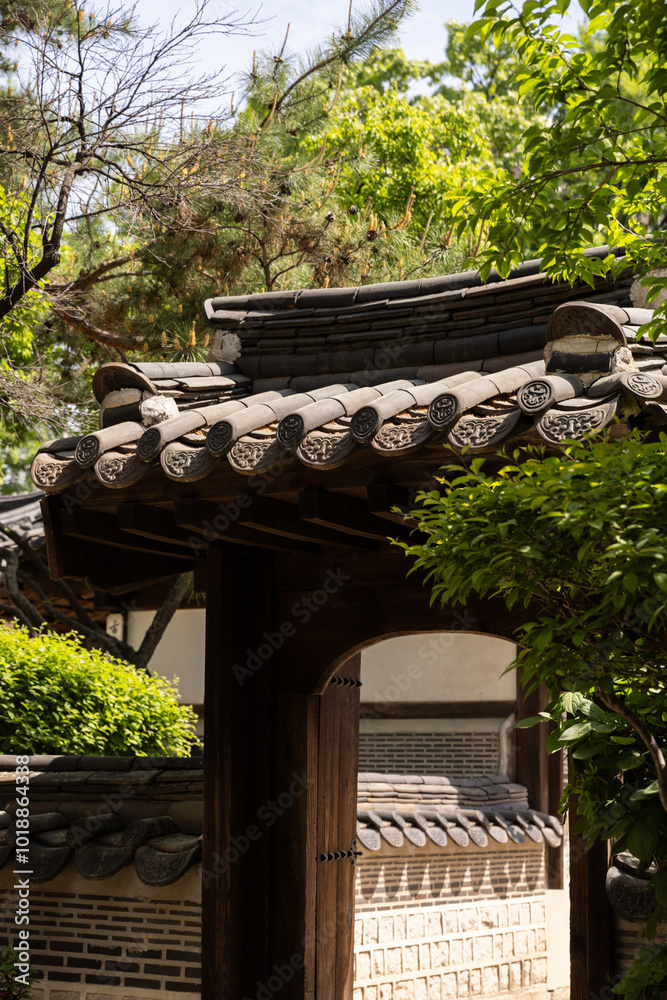 Traditional Korean temple in Seoul with roof architectural details and ...