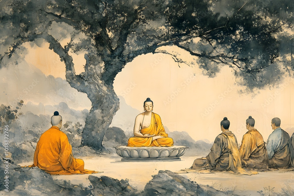 Buddhism. Buddha explains dependent origination to his disciples ...
