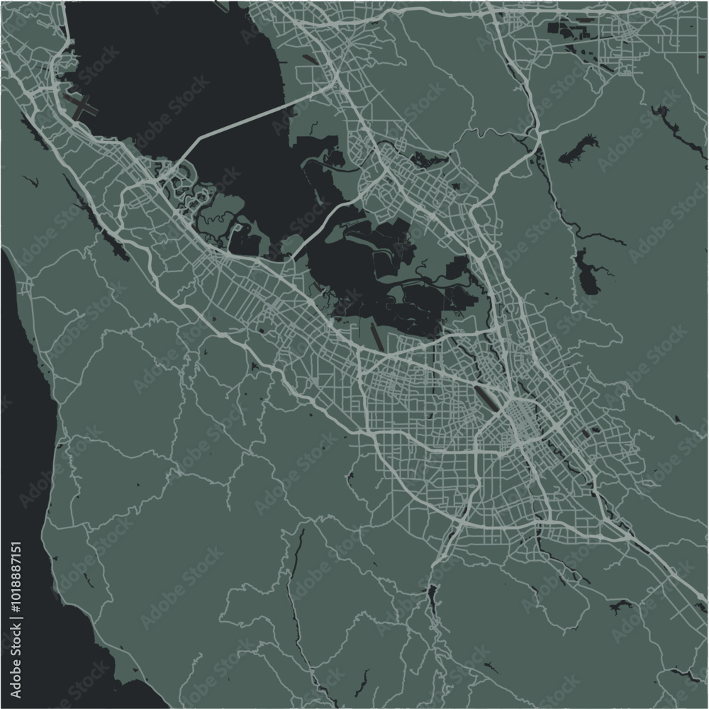 Map of San Jose Greater in California in a smooth dark style. Contains ...