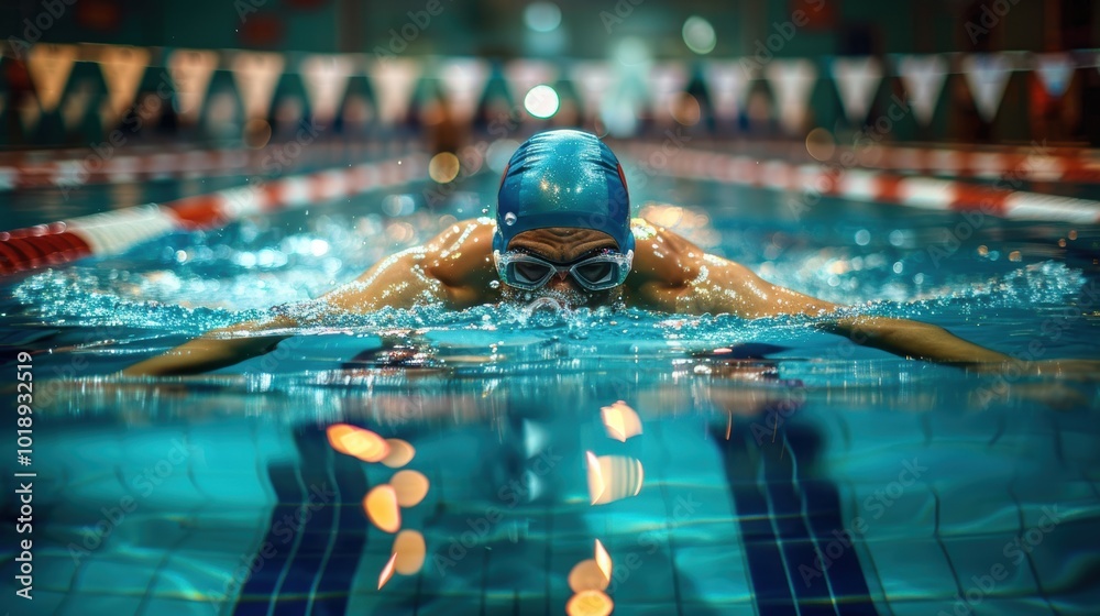 Competitive Swimmer in Action Underwater With Bubbles and Lane Lines in ...
