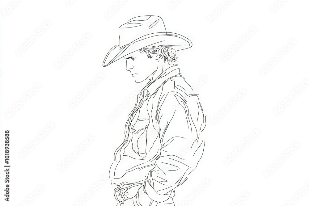 Continuous line drawing a cowboy, rendered on a clean white background ...