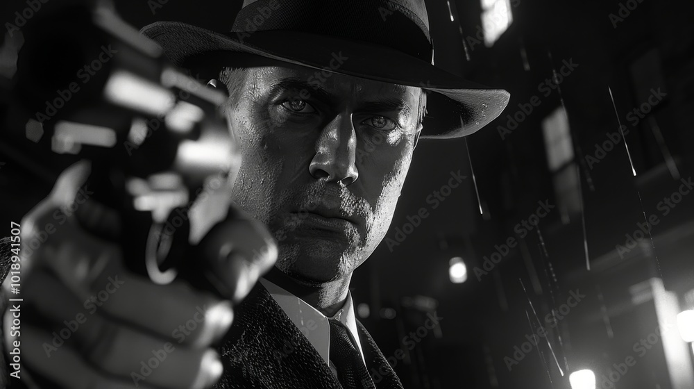 Gangster, menacing black and white portrait of man pointing gun ...